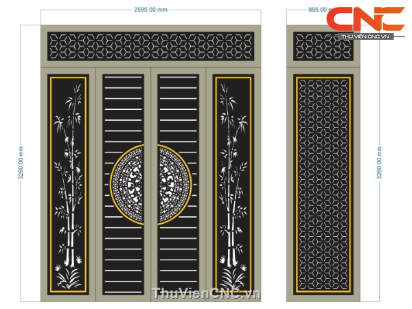 Cổng 4 cánh trúc trống đồng cnc dxf