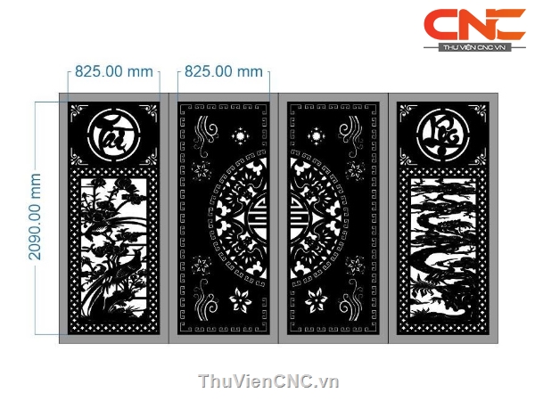 Model 2d cnc cổng 4 cánh tài lộc trống đồng